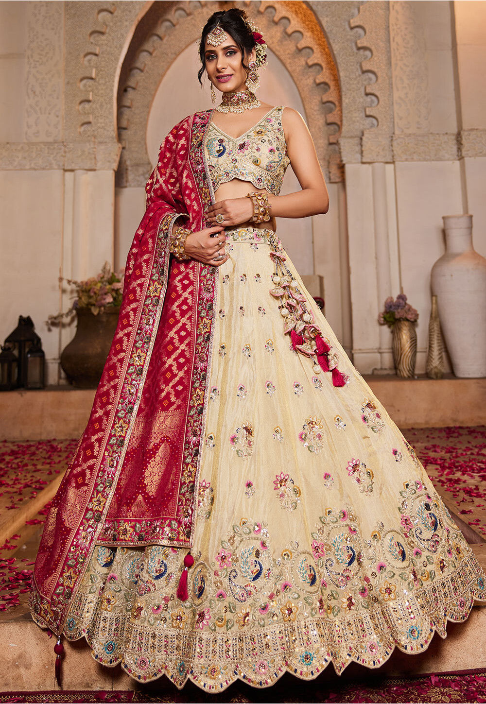 Buy Embroidered Tissue Lehenga in Light Beige Online : LUV145 - Utsav ...