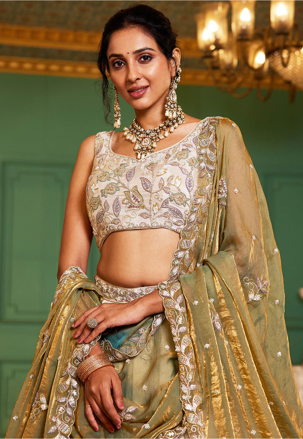 Buy Embroidered Tissue Lehenga in Light Beige Online : LUV167 - Utsav ...