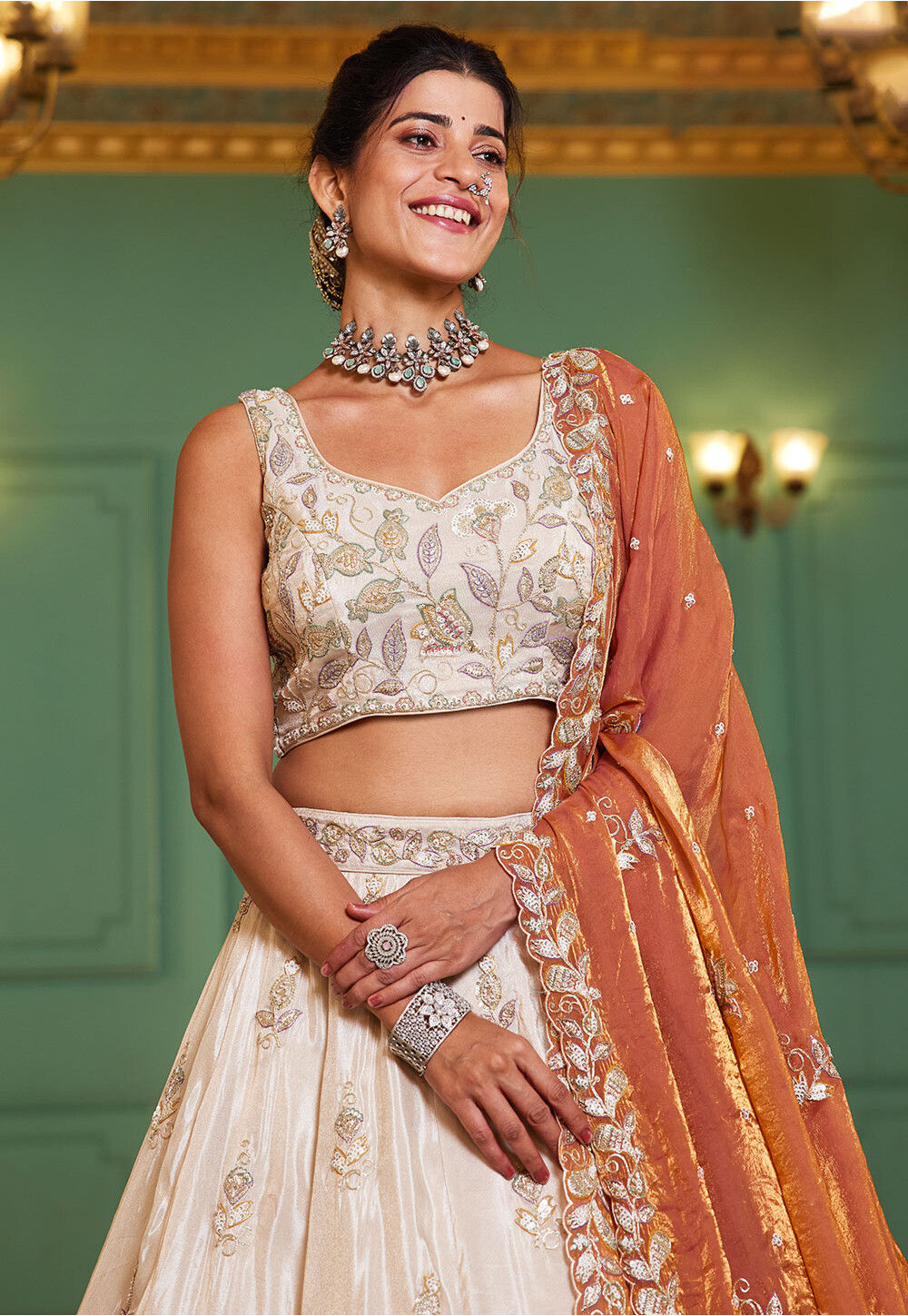 Buy Embroidered Tissue Lehenga in Light Beige Online : LUV168 - Utsav ...