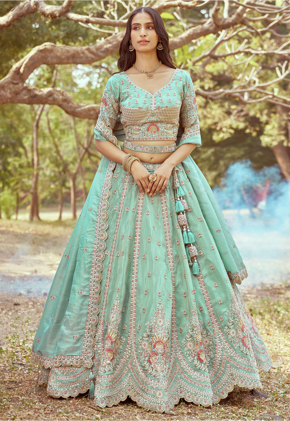 Buy Embroidered Tissue Lehenga in Sea Green Online : LBC2212 - Utsav ...