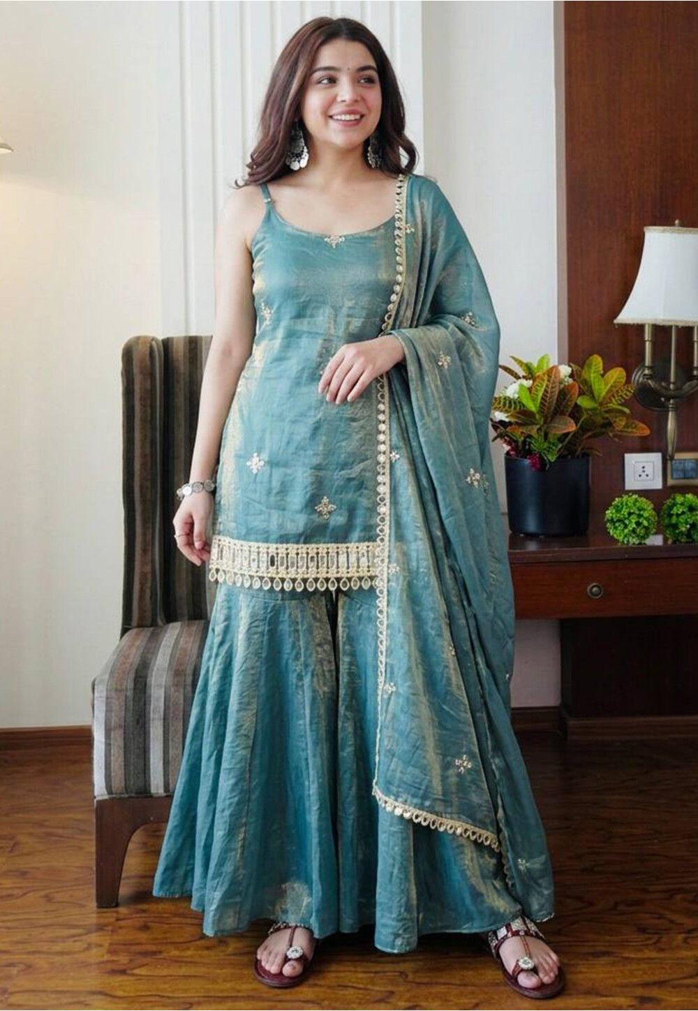 Buy Embroidered Tissue Pakistani Suit in Teal Blue Online : KGF6664 ...