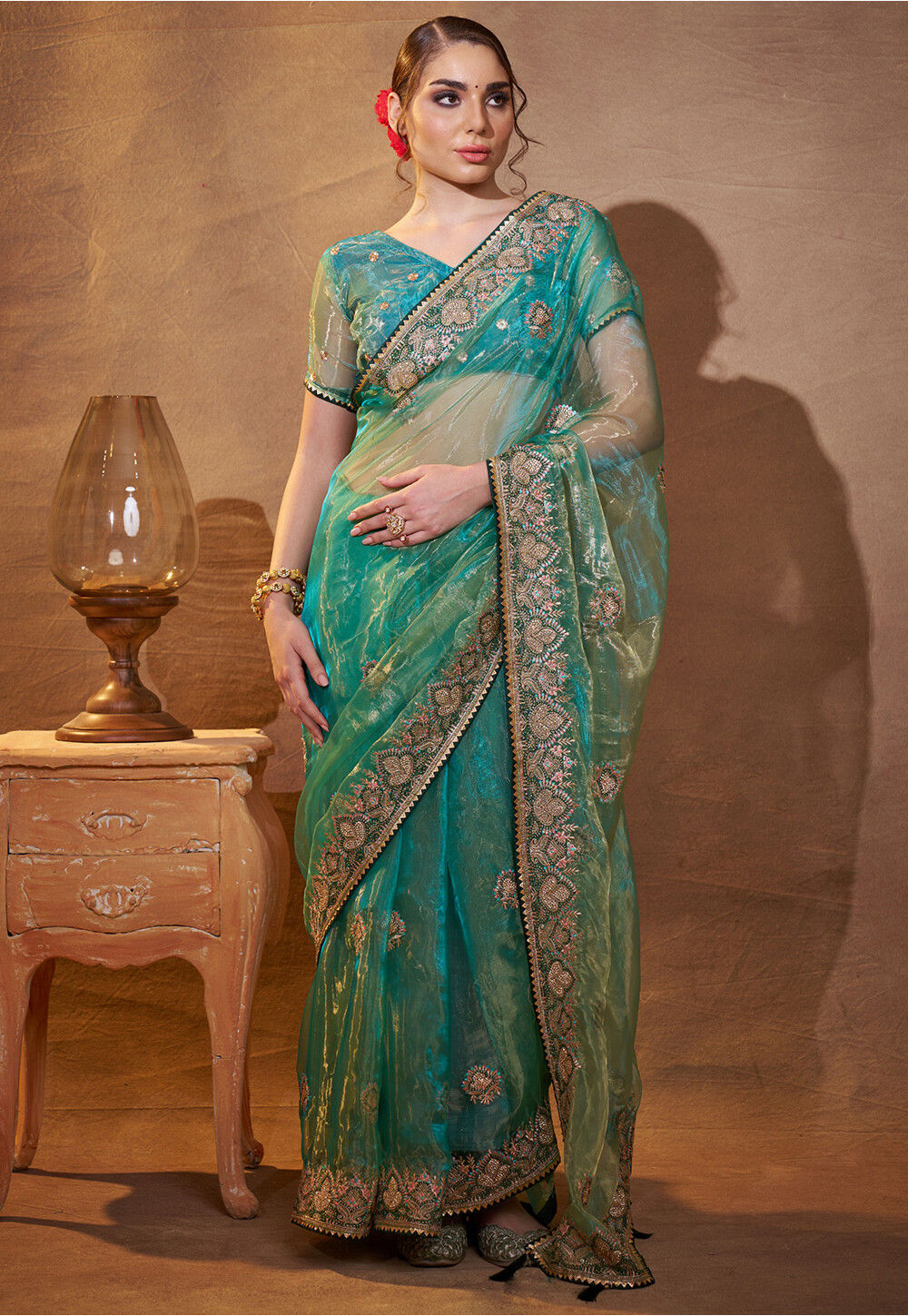 Buy Embroidered Tissue Saree in Turquoise Online : SPF13914 - Utsav Fashion