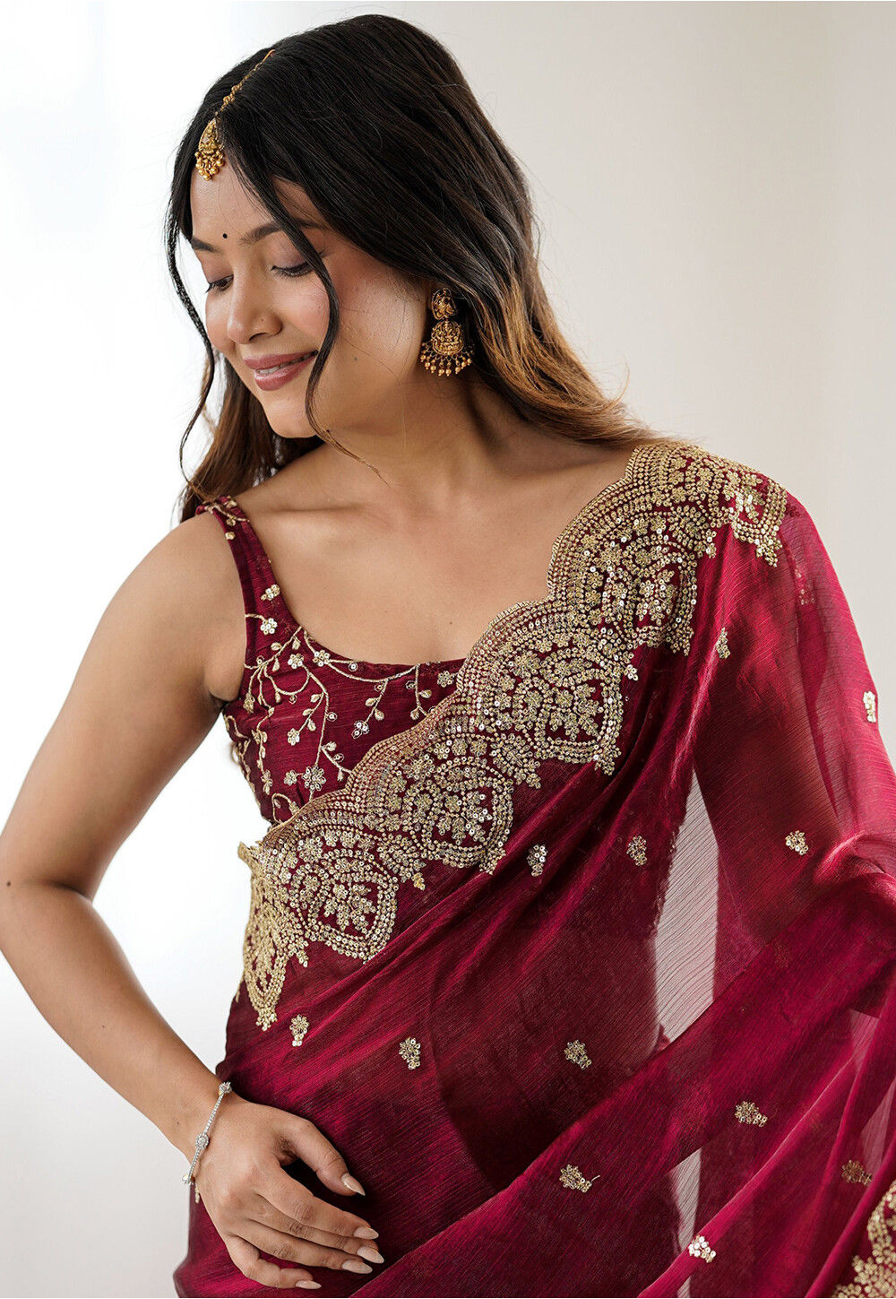 Buy Embroidered Tissue Scalloped Saree in Magenta Online : SPF17327 ...