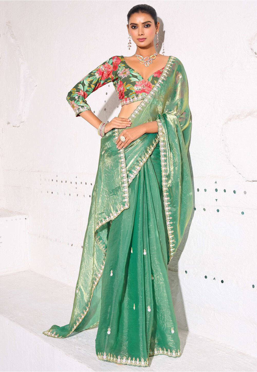 Buy Embroidered Tissue Shimmer Scalloped Saree in Light Teal Green Online : SEW15992 - Utsav Fashion