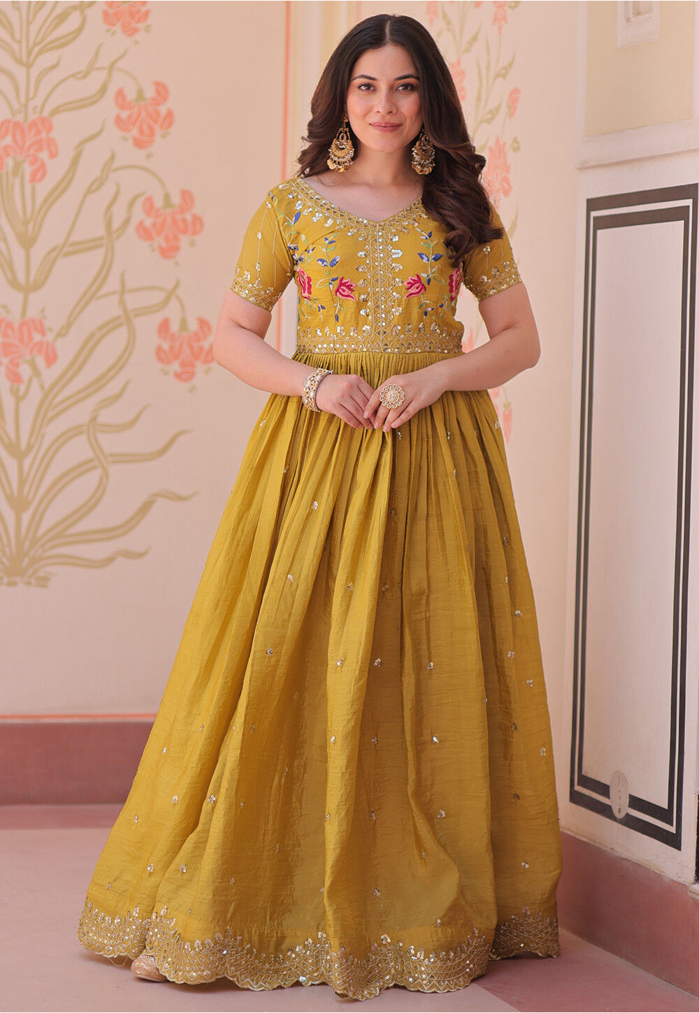 Buy Embroidered Tissue Silk Gown in Mustard Online : TPA4263 - Utsav ...