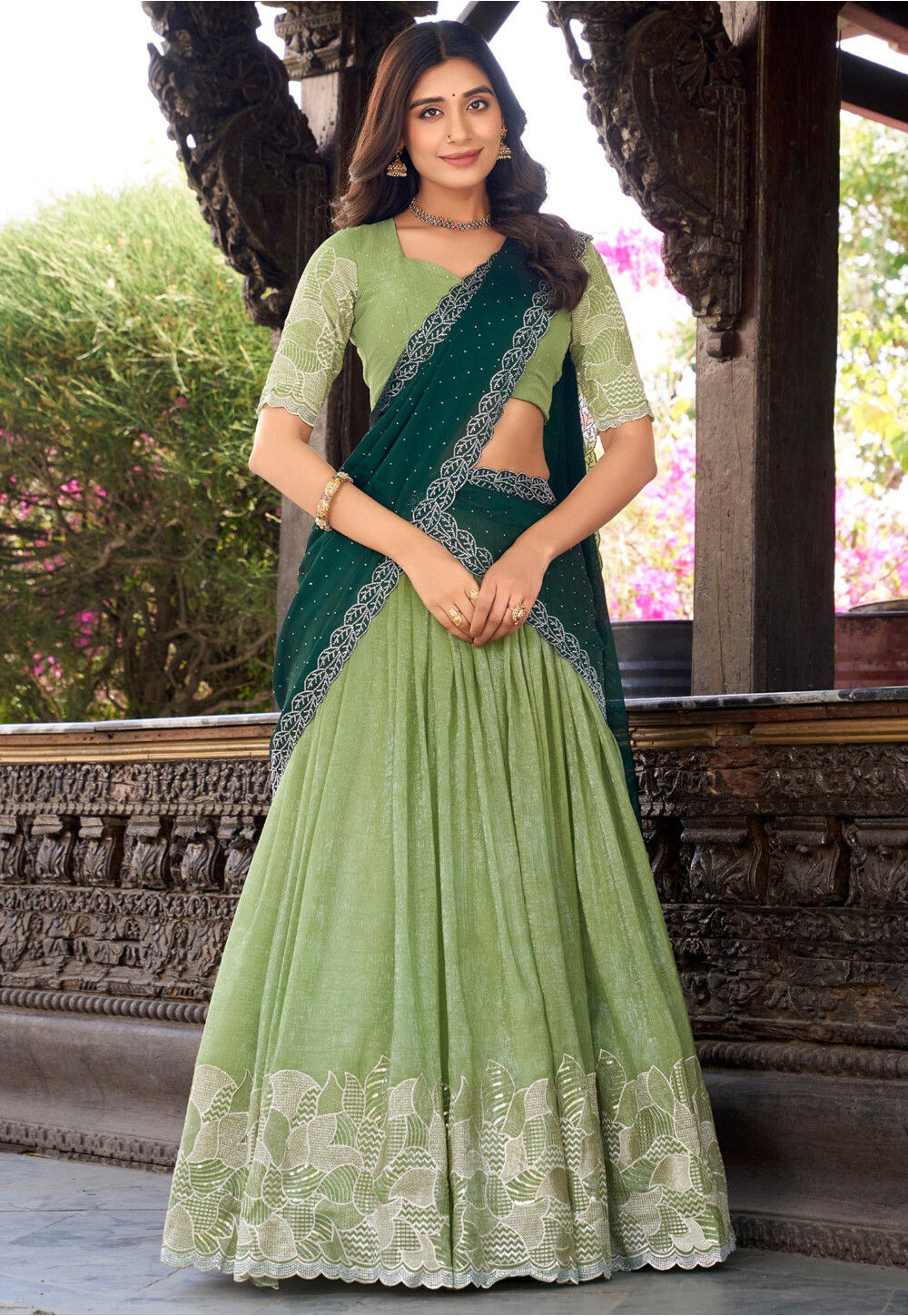 Buy Embroidered Tissue Silk Lehenga in Light Green Online : LBC2347 ...