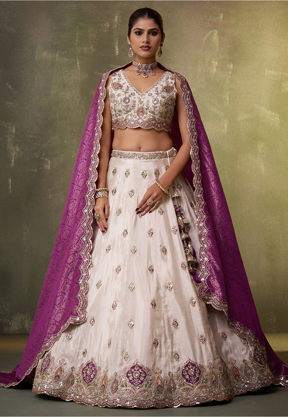 Buy Embroidered Tissue Silk Lehenga in Off White Online : LGM1134 - Utsav Fashion
