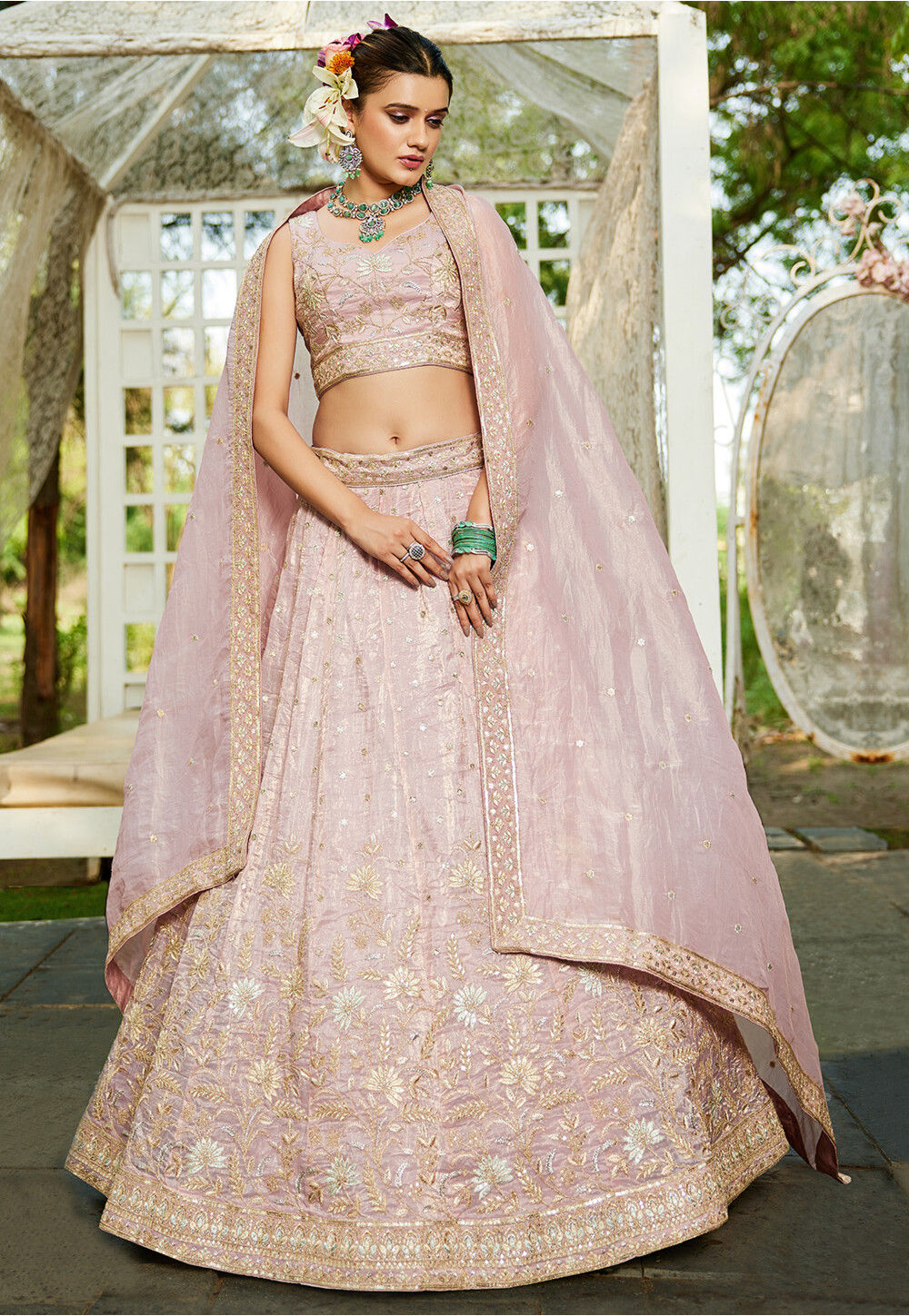 Buy Embroidered Tissue Silk Lehenga in Pink Online : LCZ560 - Utsav Fashion