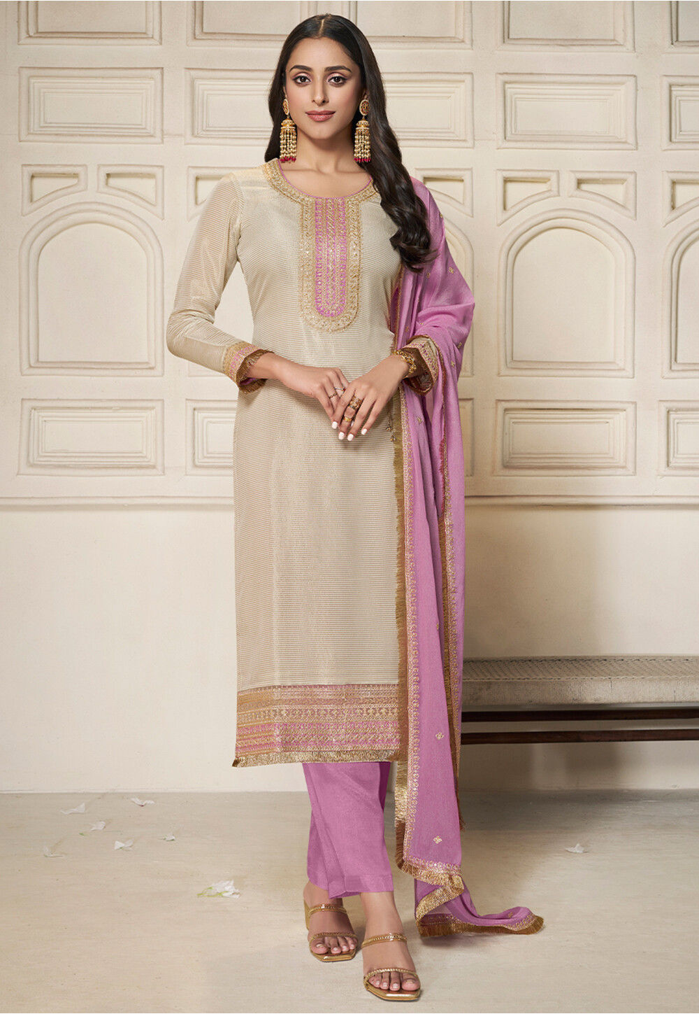 Buy Embroidered Tissue Silk Pakistani Suit in Beige Online : KKE232 ...