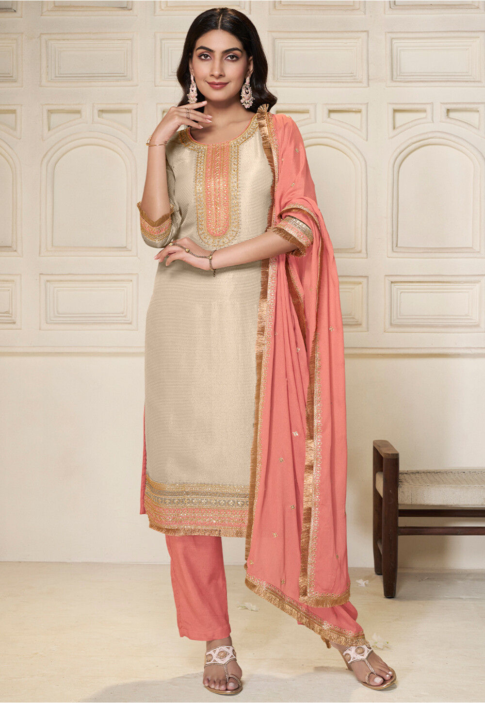 Buy Embroidered Tissue Silk Pakistani Suit in Beige Online : KKE234 ...