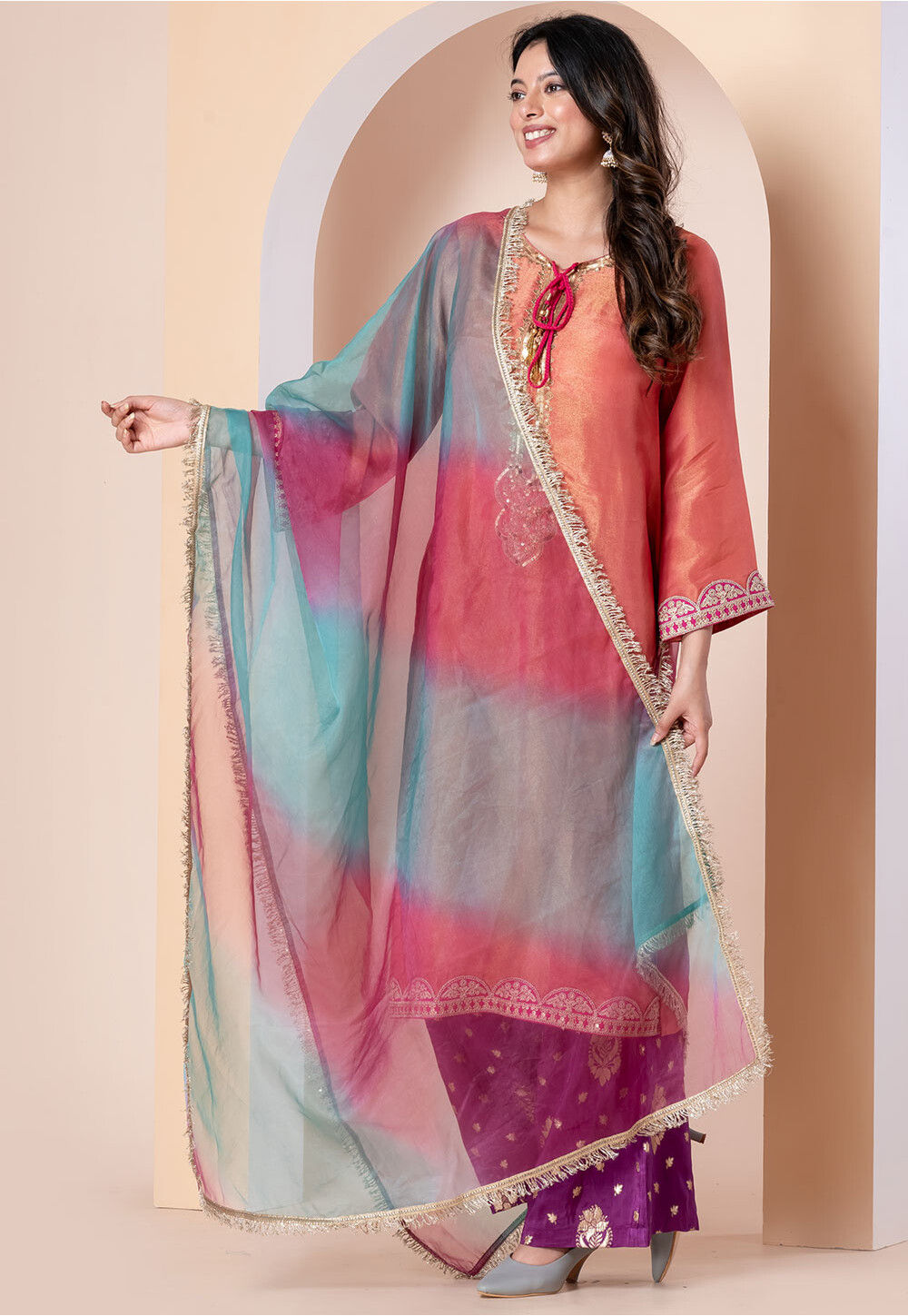 Buy Embroidered Tissue Silk Pakistani Suit in Orange Online : KVT118 ...