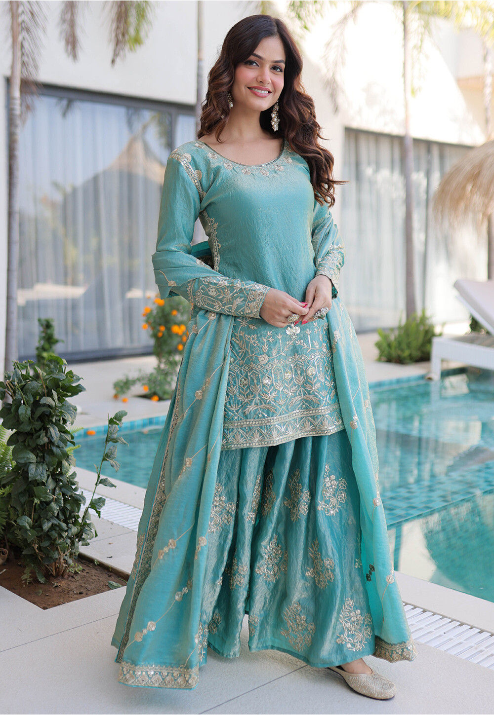 Buy Embroidered Tissue Silk Pakistani Suit in Sky Blue Online ...