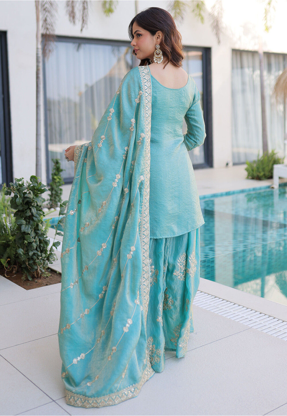 Buy Embroidered Tissue Silk Pakistani Suit in Sky Blue Online ...