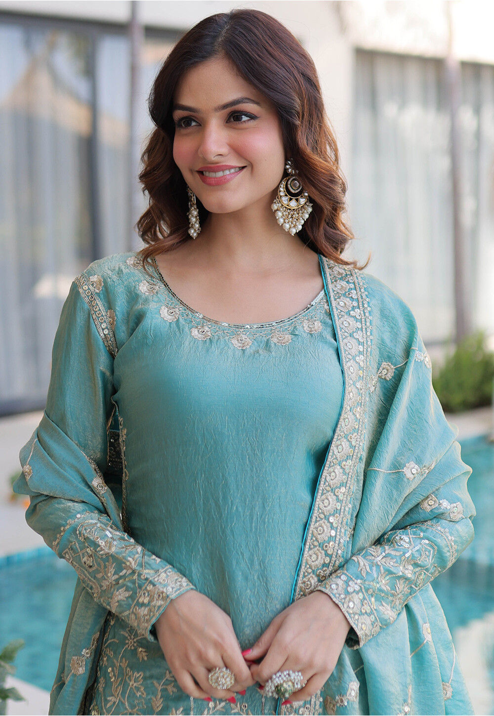 Buy Embroidered Tissue Silk Pakistani Suit in Sky Blue Online ...