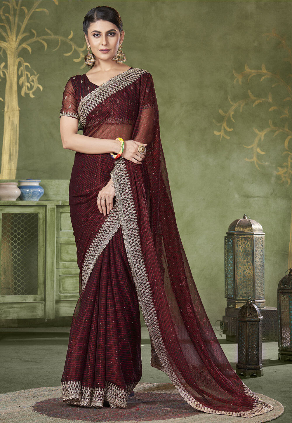 Buy Embroidered Tissue Silk Saree in Maroon Online : SPCA1263 - Utsav ...