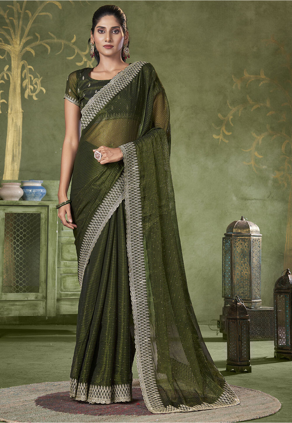 Buy Embroidered Tissue Silk Saree in Olive Green Online : SPCA1262 - Utsav Fashion