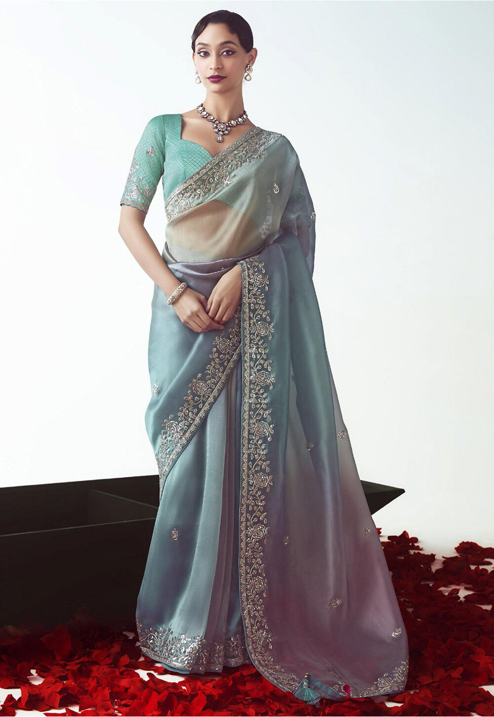 Buy Embroidered Tissue Silk Saree in Shaded Blue and Purple Online ...