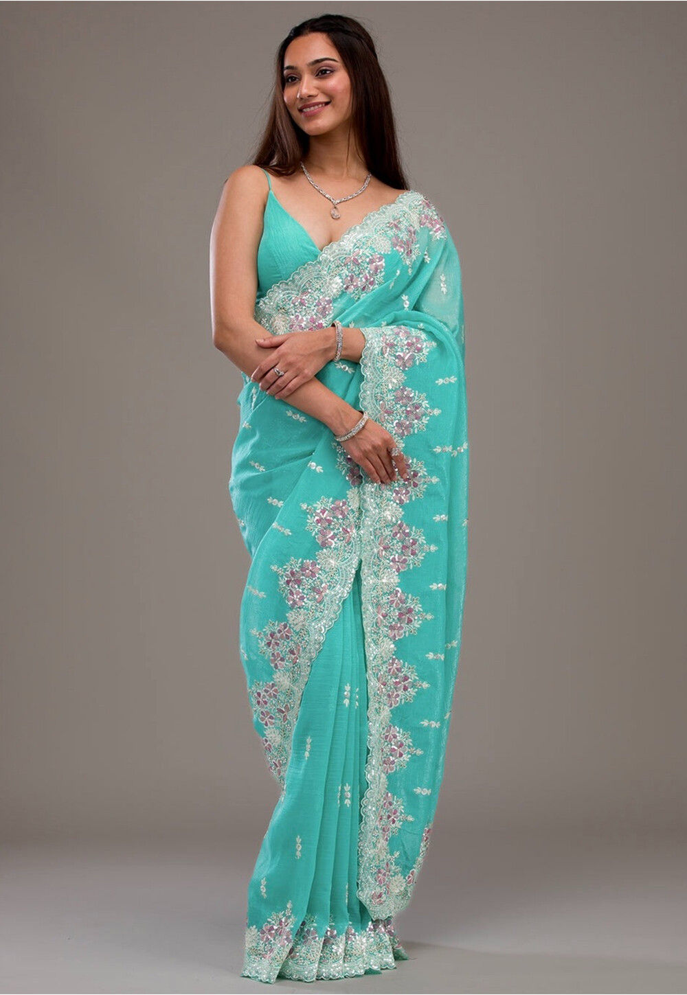Buy Embroidered Tissue Silk Saree in Turquoise Online : SPTA15255 ...