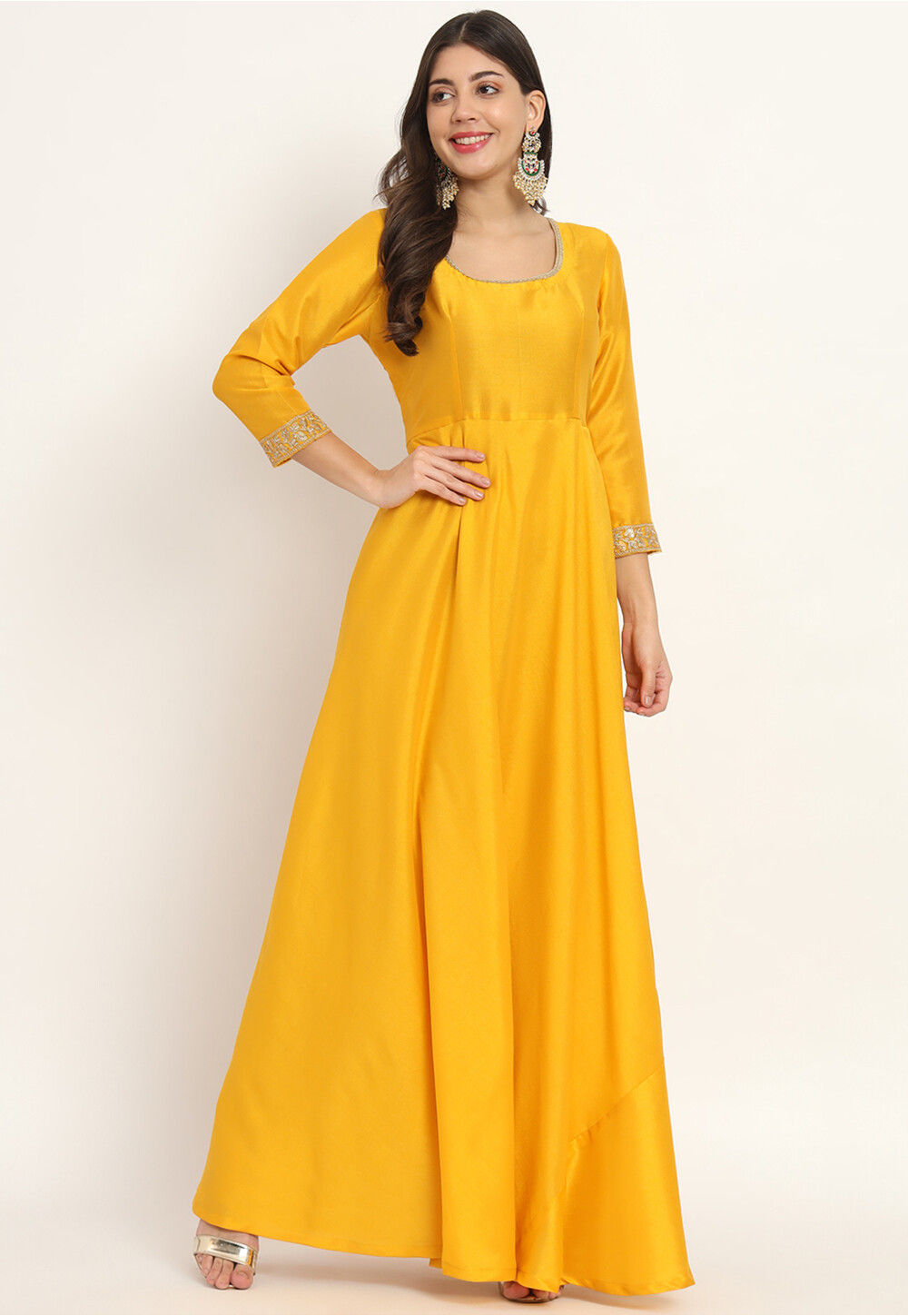 Buy Embroidered Trim Art Silk Gown in Yellow Online : TBY452 - Utsav Fashion