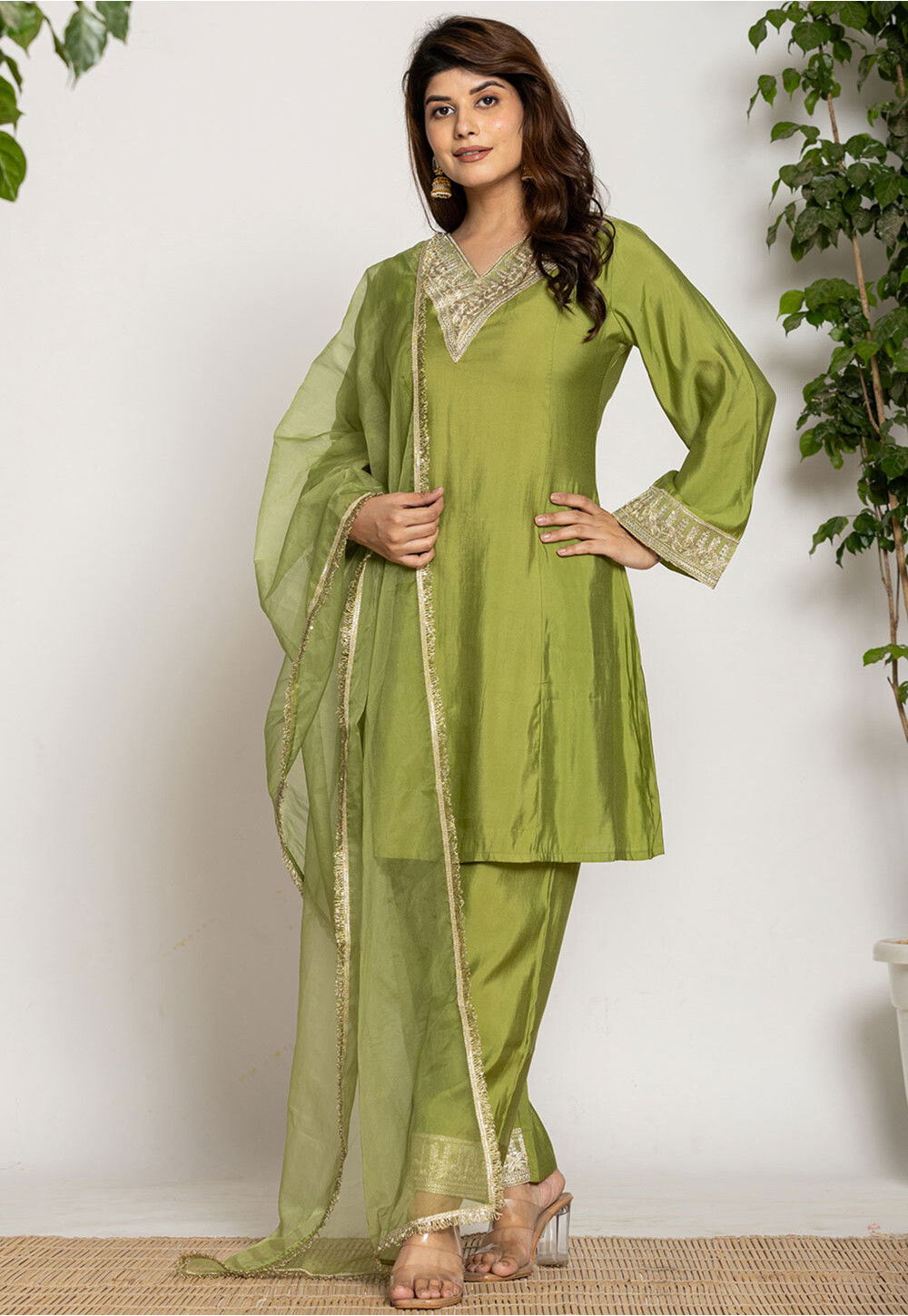 Buy Embroidered Trim Art Silk Pakistani Suit in Green Online : KJL1898 - Utsav Fashion
