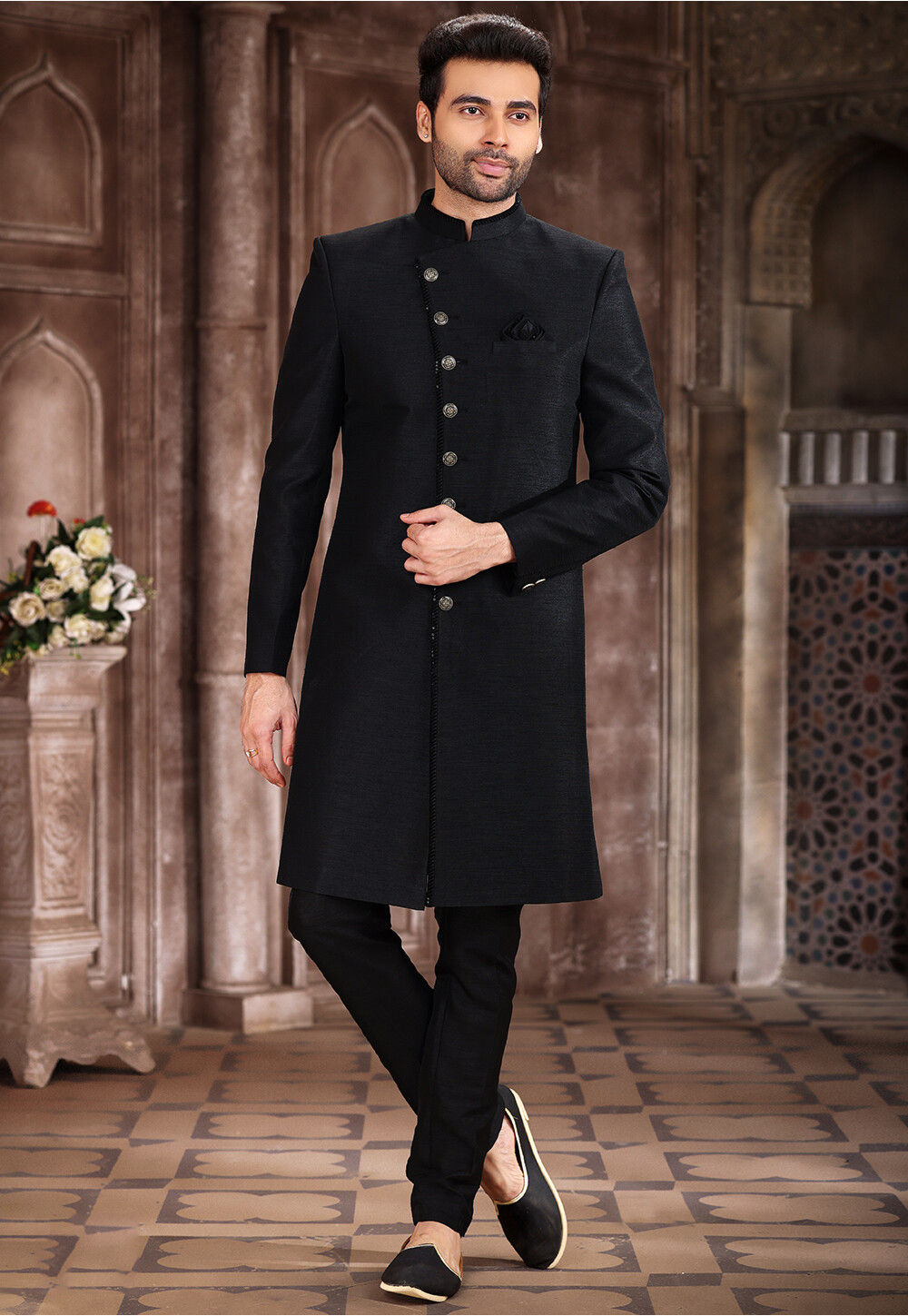 Buy Embroidered Trim Art Silk Sherwani in Black Online : MLY1045 ...