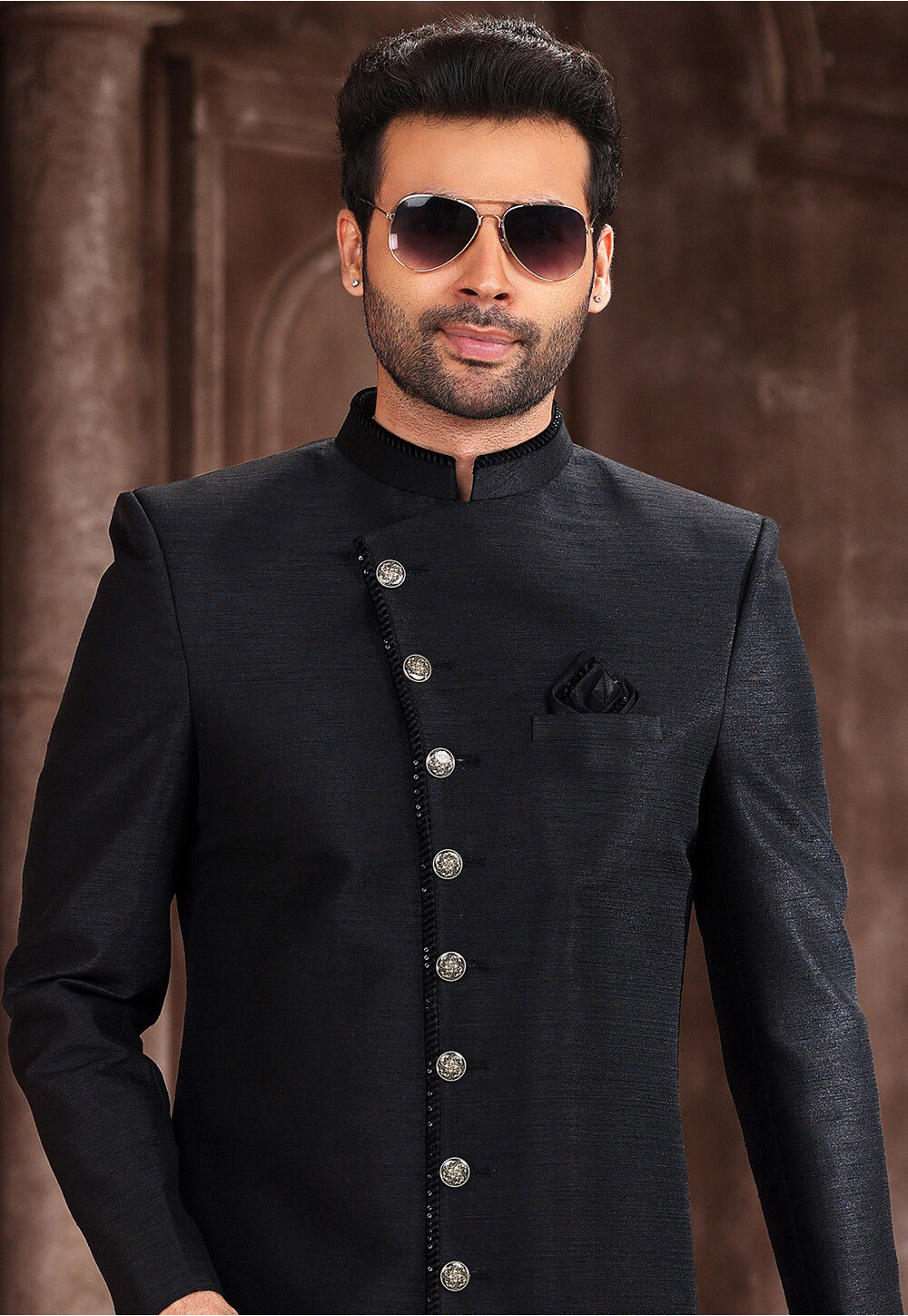 Buy Embroidered Trim Art Silk Sherwani in Black Online : MLY1045 ...
