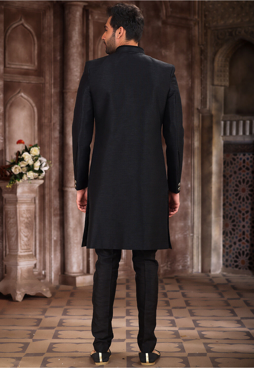 Buy Embroidered Trim Art Silk Sherwani in Black Online : MLY1045 ...