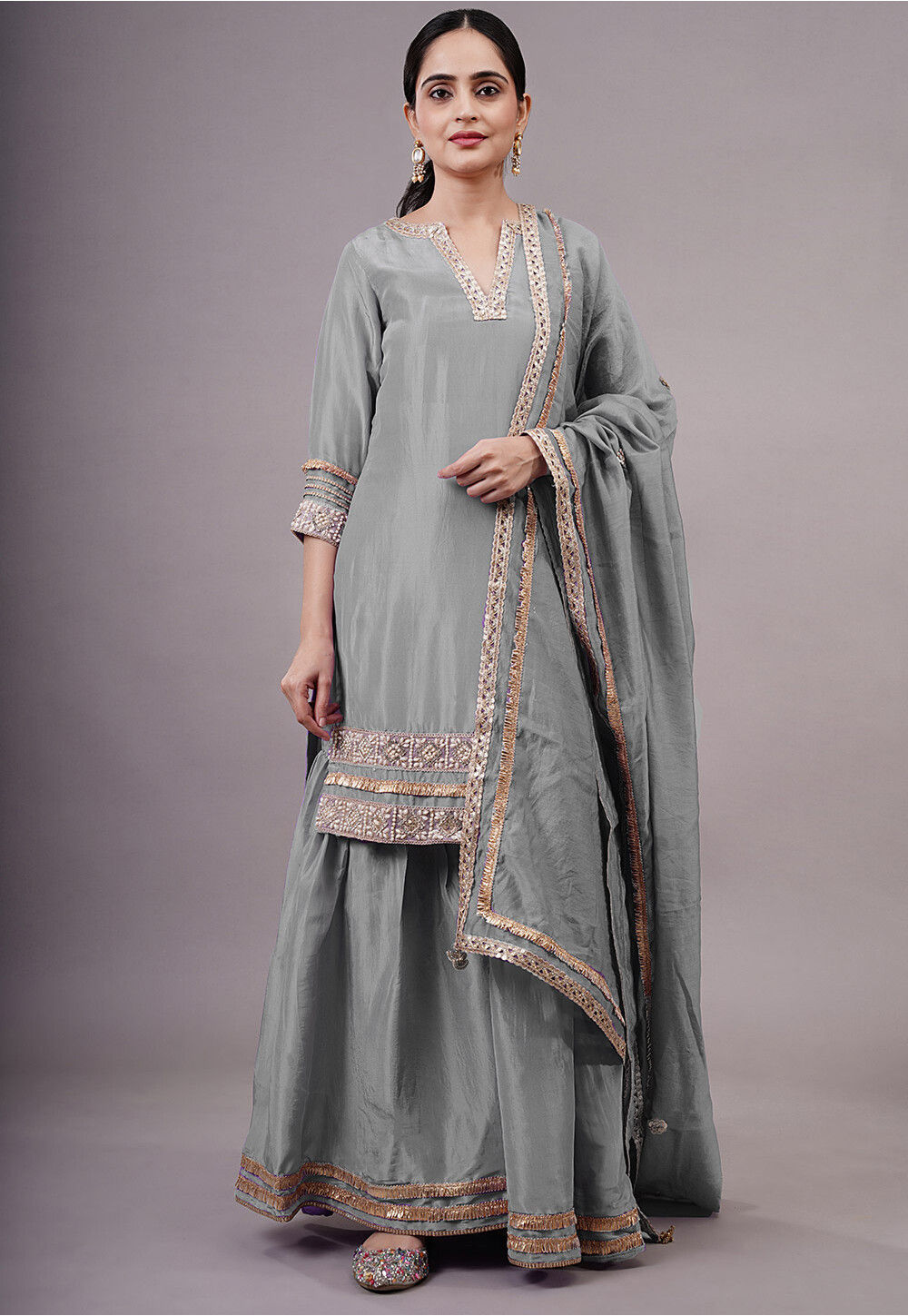 Buy Embroidered Uppada Silk Pakistani Suit in Grey Online : KUR670 ...