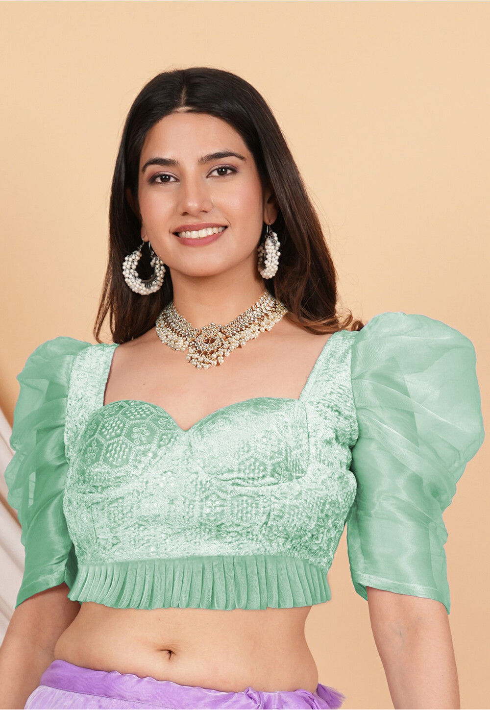 Buy Embroidered Velvet Blouse in Pastel Green Online : DBU1006 - Utsav ...