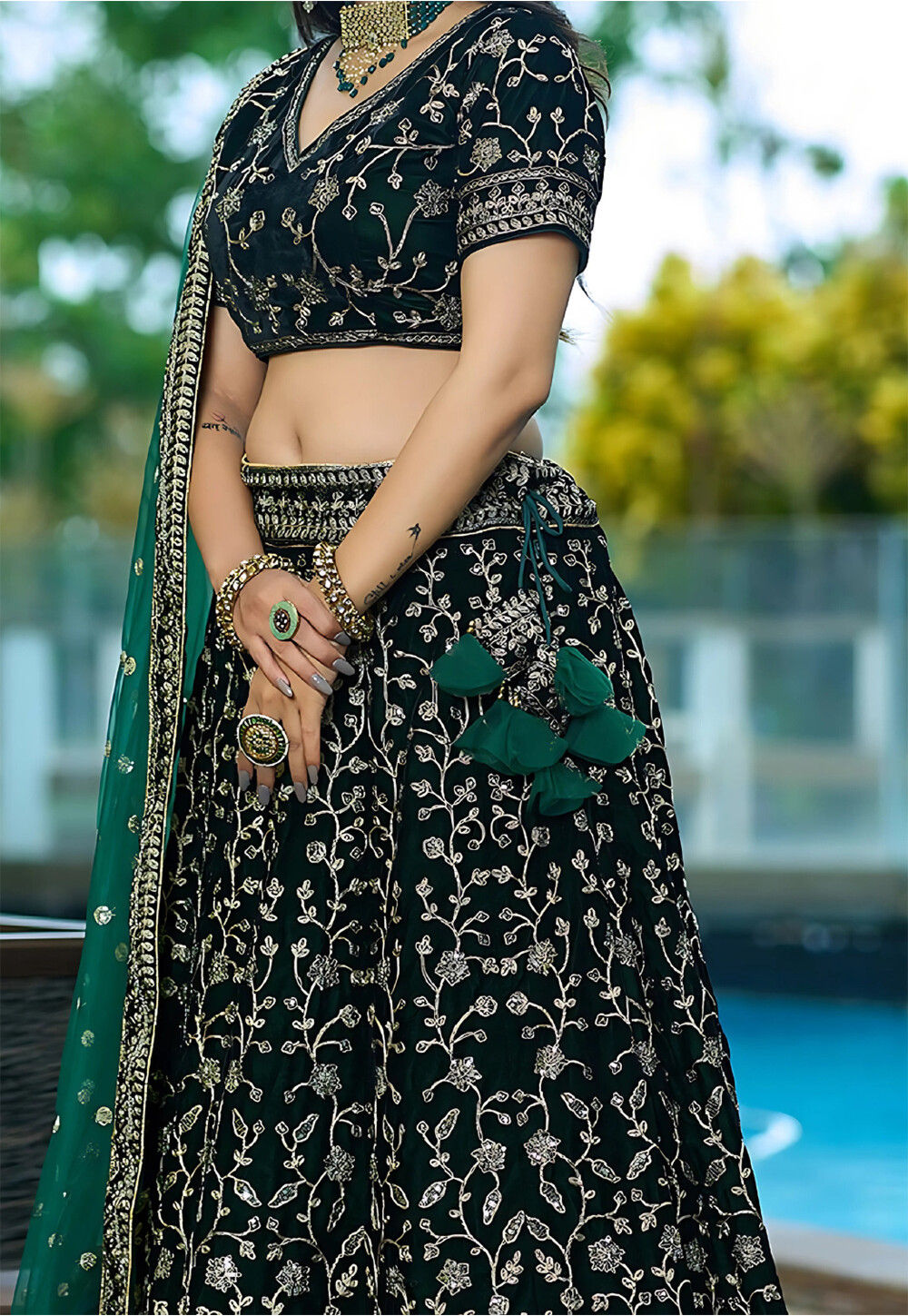 Buy Embroidered Velvet Lehenga in Dark Green Online : LDD3 - Utsav Fashion