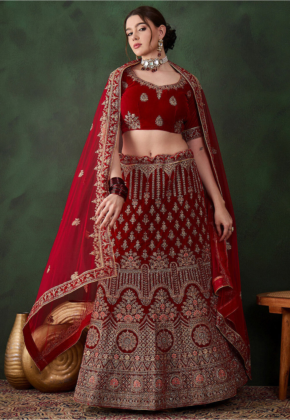 Buy Embroidered Velvet Lehenga in Red Online : LSY121 - Utsav Fashion