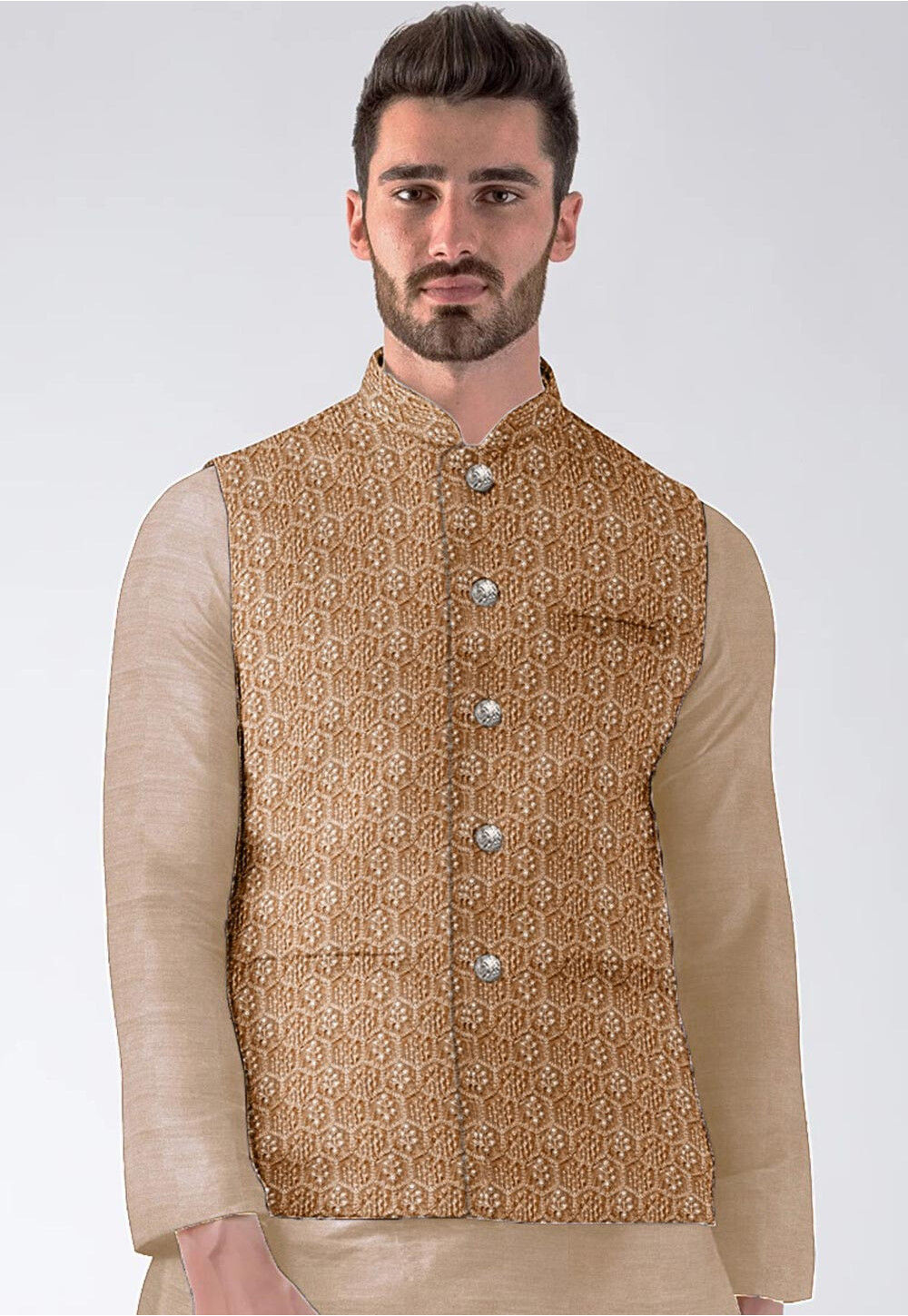 Buy Embroidered Velvet Nehru Jacket in Beige Online : MTE2238 - Utsav ...