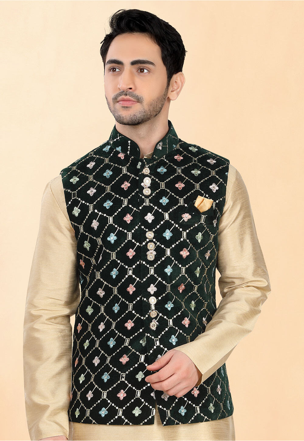 Buy Embroidered Velvet Nehru Jacket in Dark Green Online : MUY2329 ...