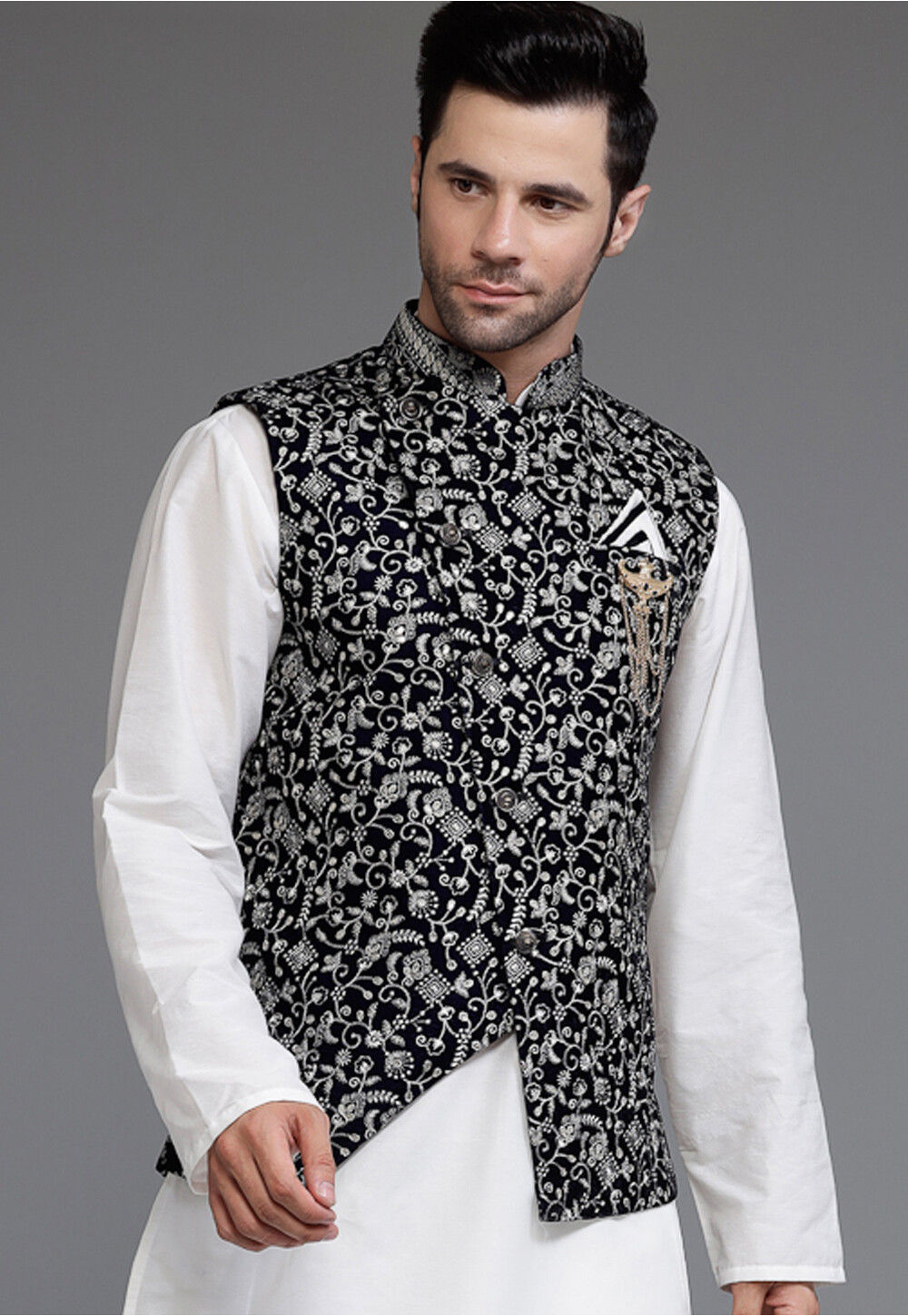 Buy Embroidered Velvet Nehru Jacket in Navy Blue Online : MXX363 ...