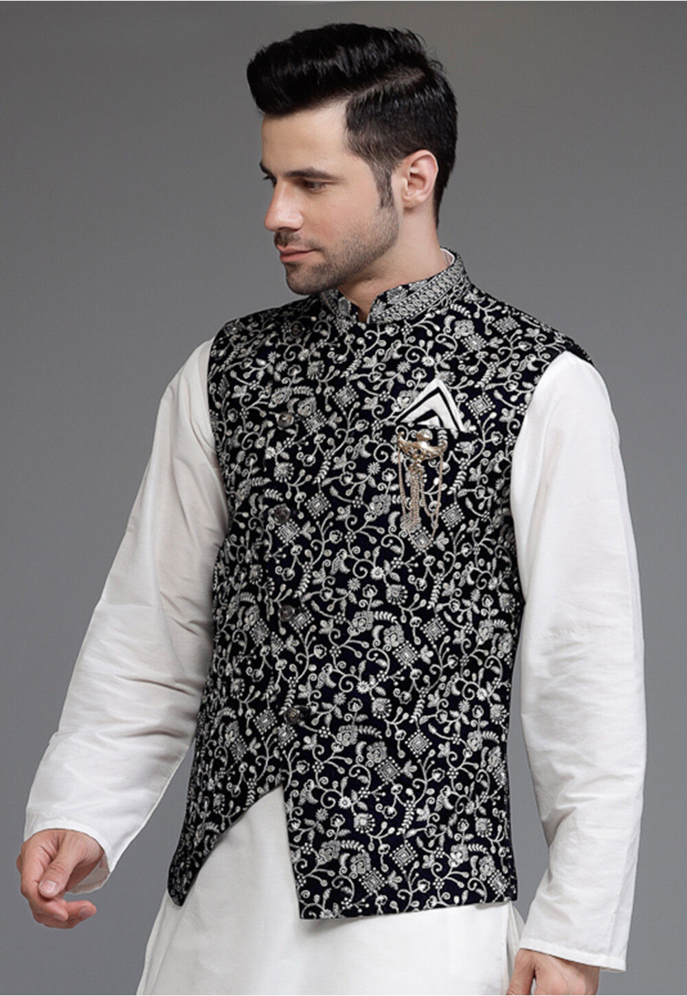 Buy Embroidered Velvet Nehru Jacket in Navy Blue Online : MXX363 ...