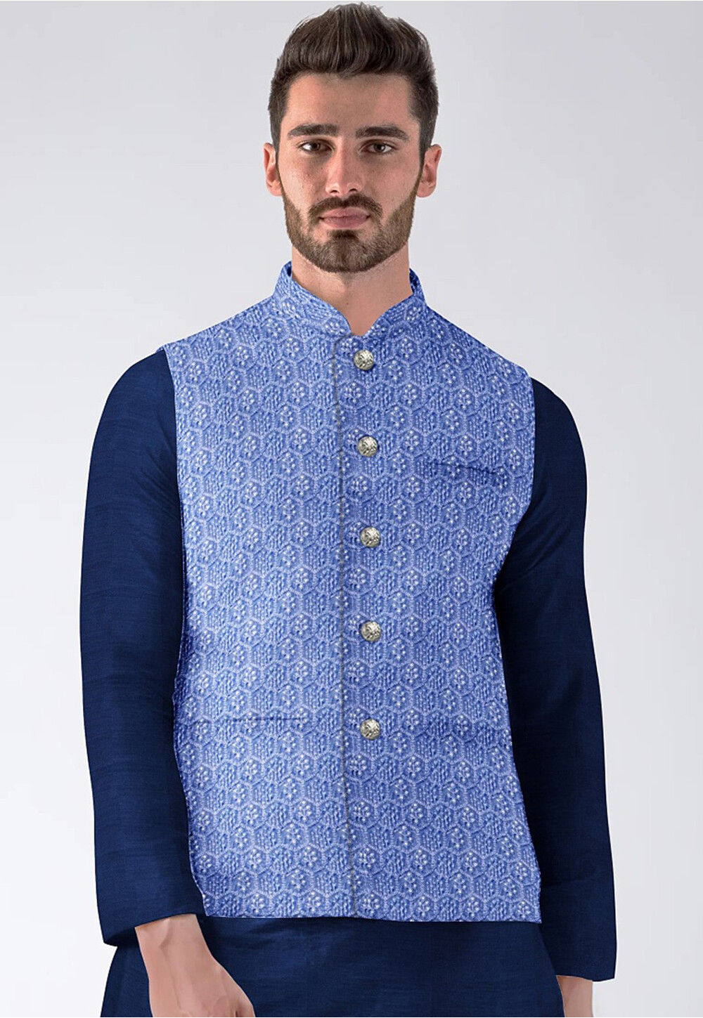 Buy Embroidered Velvet Nehru Jacket in Sky Blue Online : MTE1862 ...