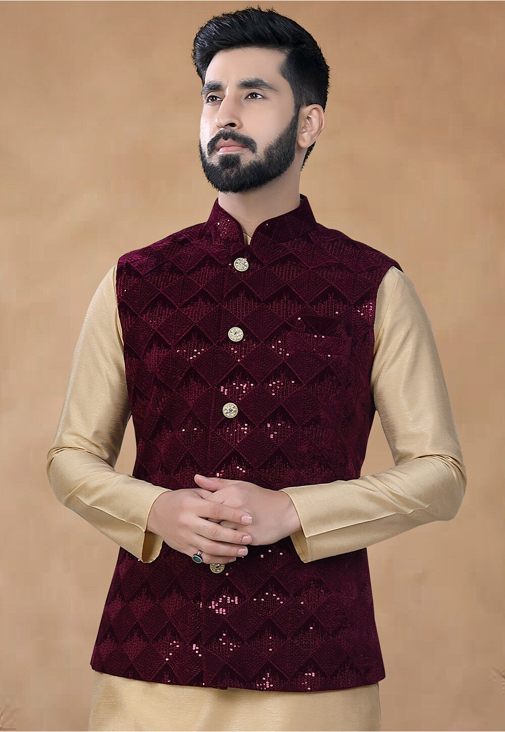 Buy Embroidered Velvet Nehru Jacket in Wine Online : MUY2310 - Utsav ...