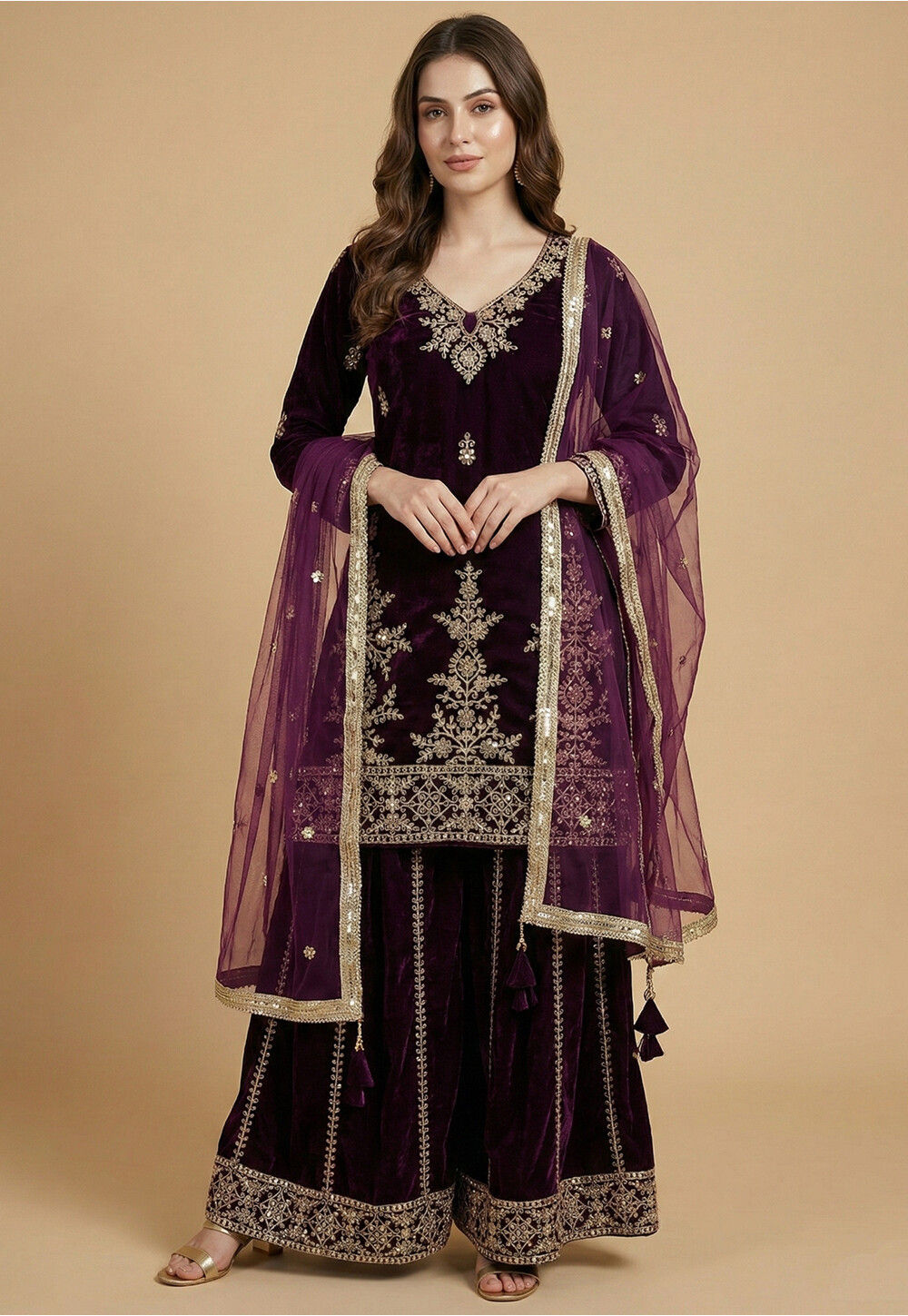 Buy Embroidered Velvet Pakistani Suit in Wine Online : KBNQ7354 - Utsav ...
