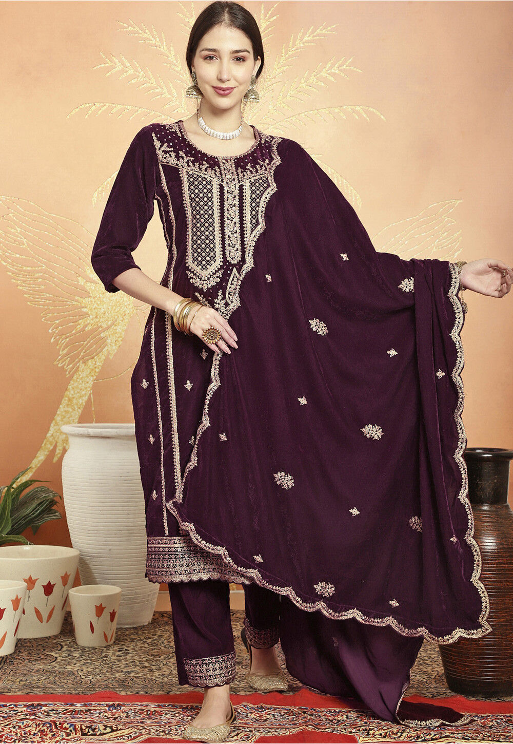 Buy Embroidered Velvet Pakistani Suit in Wine Online : KPV1691 - Utsav ...