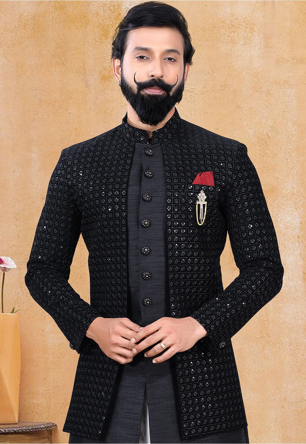Buy Embroidered Velvet Sherwani in Black Online : MUY482 - Utsav Fashion