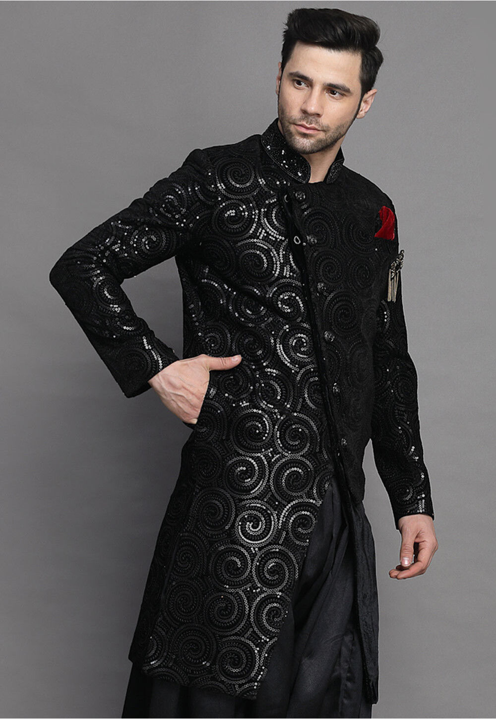 Embroidered Velvet Sherwani in Black : MXX151
