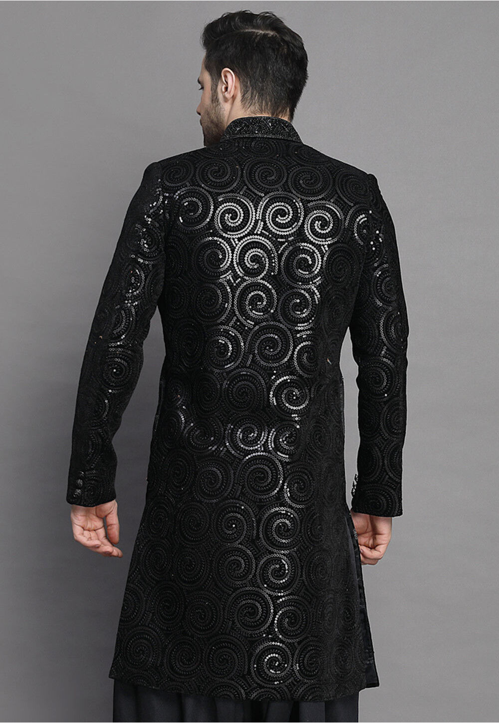 Embroidered Velvet Sherwani in Black : MXX151