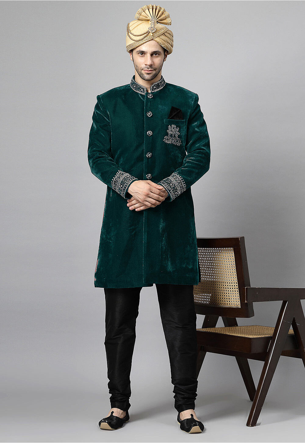 Buy Embroidered Velvet Sherwani in Dark Teal Green Online : MXX1510 ...