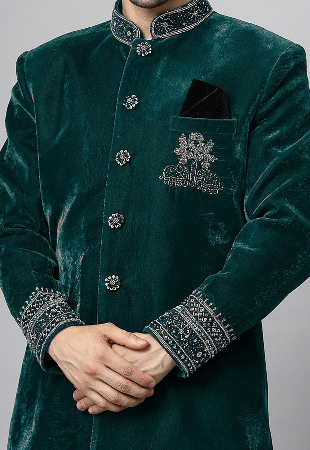 Buy Embroidered Velvet Sherwani in Dark Teal Green Online : MXX1510 ...