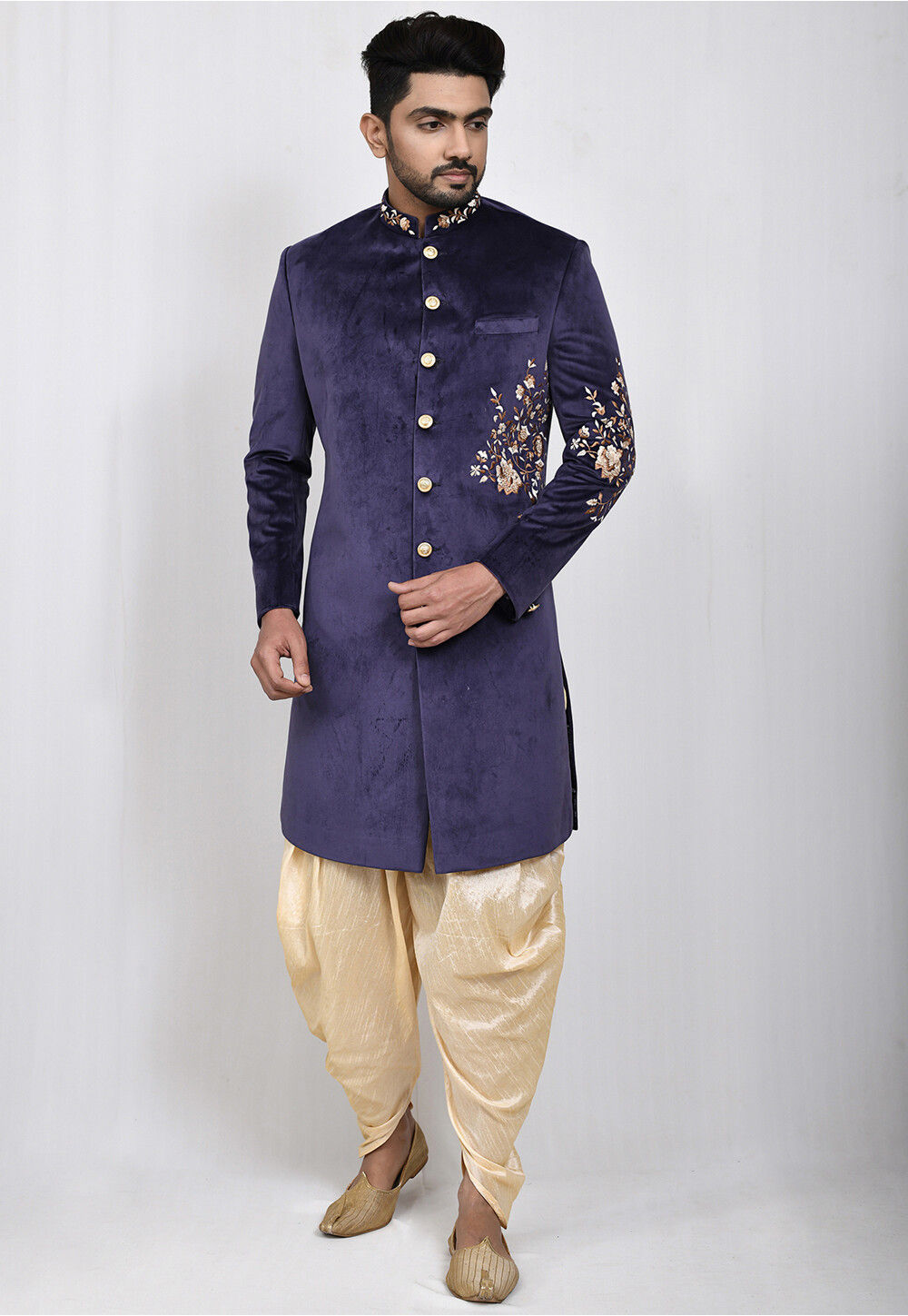 Buy Embroidered Velvet Sherwani in Navy Blue Online : MTX1656 - Utsav ...