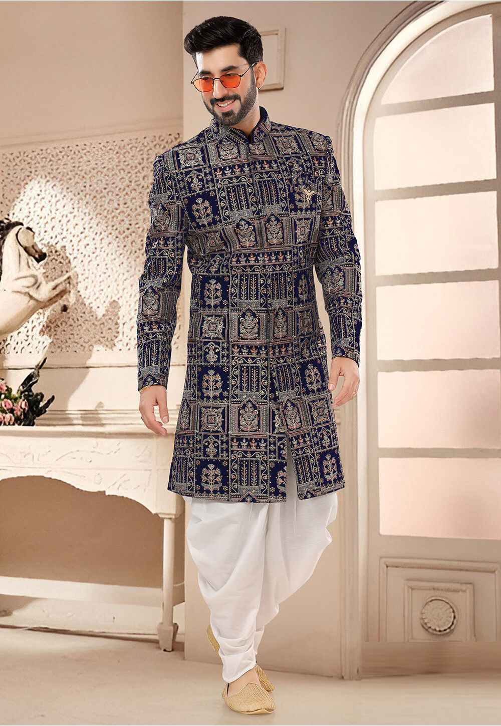 Buy Embroidered Velvet Sherwani in Navy Blue Online : MUY1727 - Utsav ...