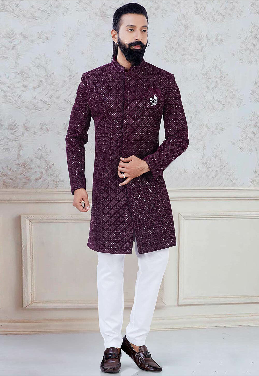 Buy Embroidered Velvet Sherwani in Wine Online : MUY312 - Utsav Fashion