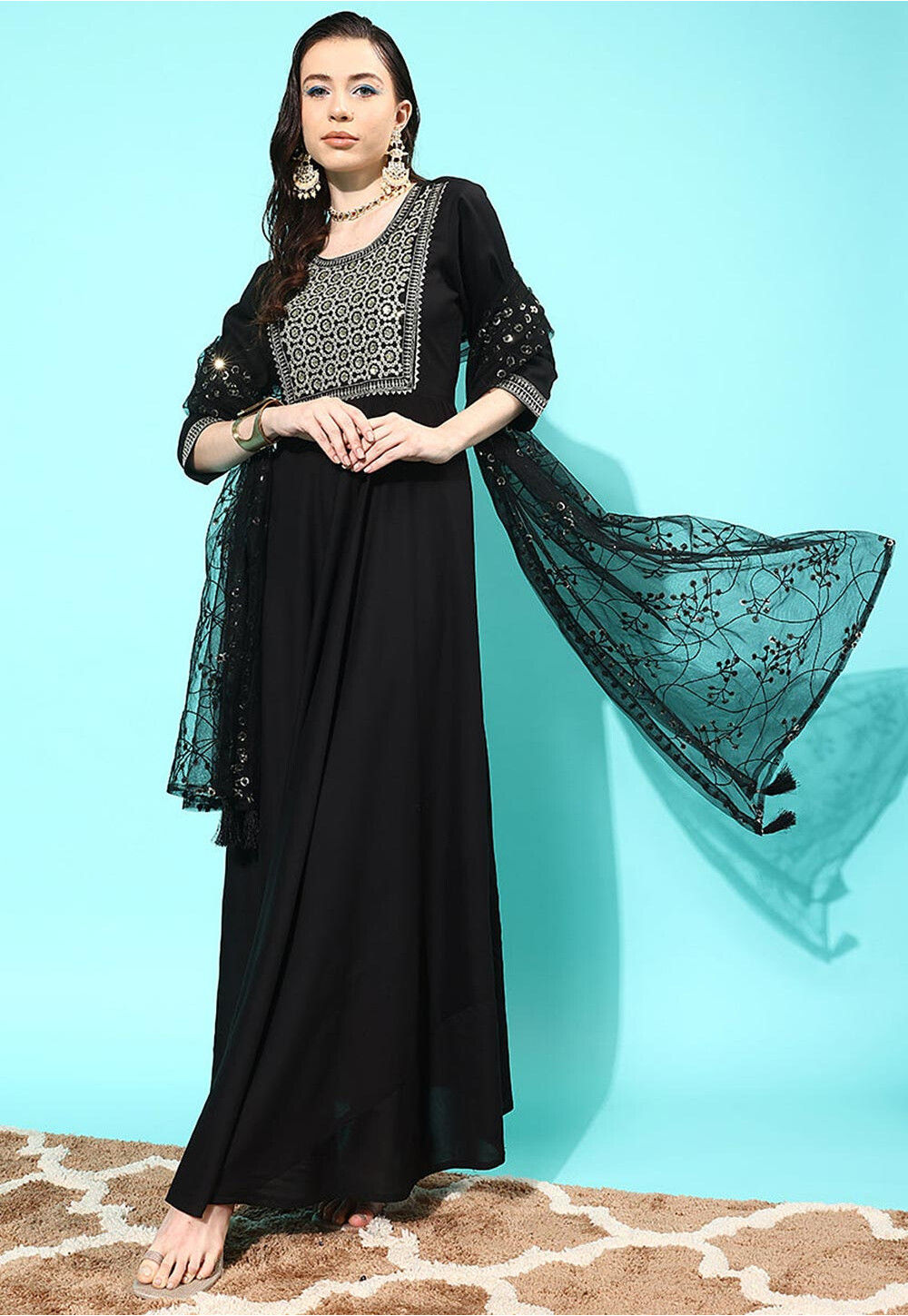 Buy Embroidered Viscose Rayon Abaya Style Suit in Black Online : KTF713 ...