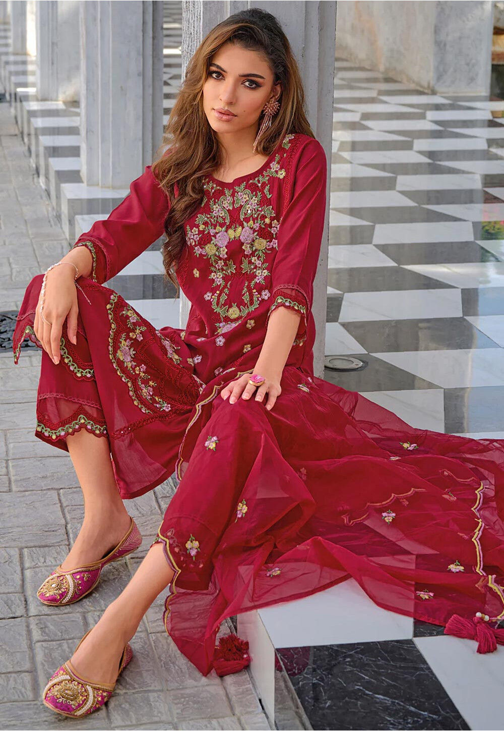 Buy Embroidered Viscose Scalloped Pakistani Suit in Red Online ...