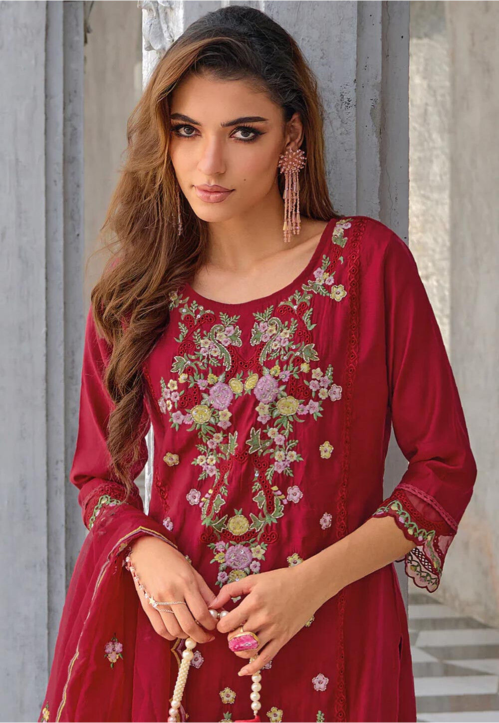 Buy Embroidered Viscose Scalloped Pakistani Suit in Red Online ...